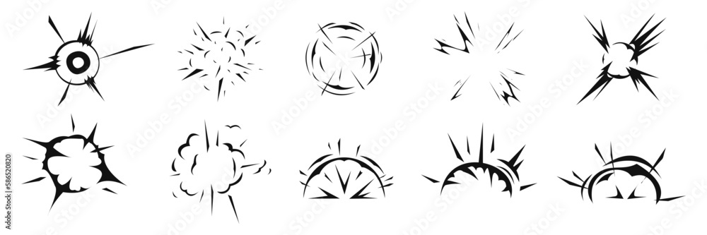 Explosion burst dust, power bombs explode effect. Isolated symbols graphic vector set. Radial ...