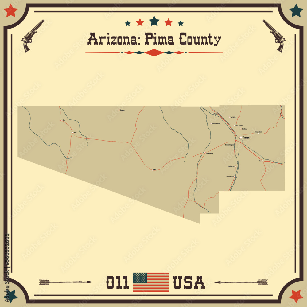 Large and accurate map of Pima County, Arizona, USA with vintage colors ...