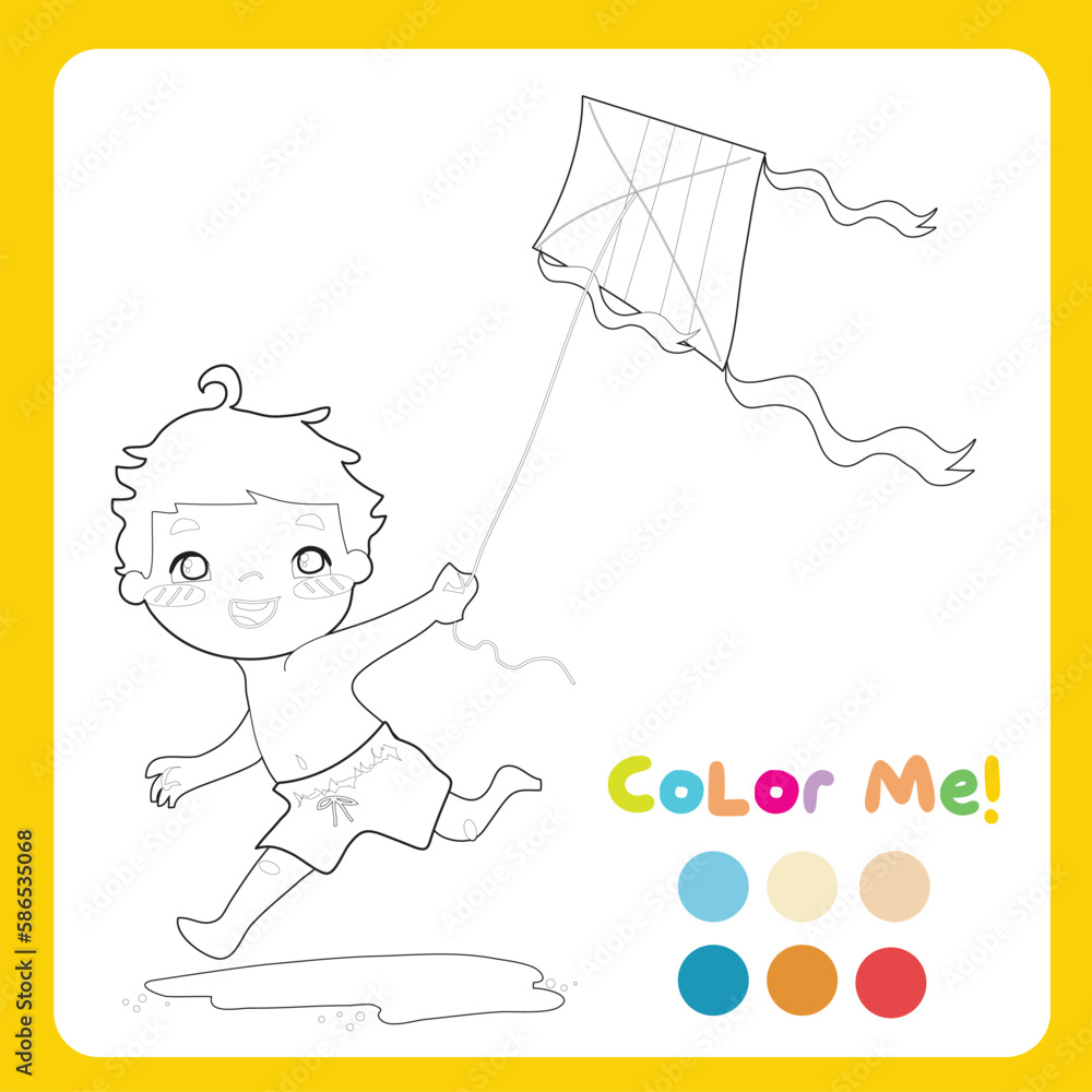 Colouring page with summer theme. A cute blonde little boy playing kite ...