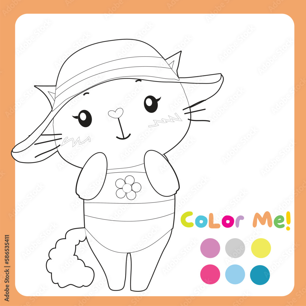 Colour me: Colouring page with summer theme. Cute white cat wearing ...