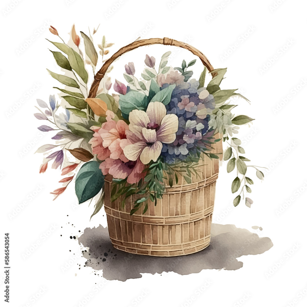 Watercolor Flowers Clipart vector, Easter Basket Png, Spring Floral ...