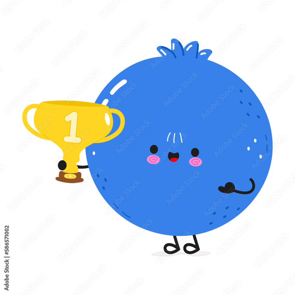 Cute funny Blueberry hold gold trophy cup. Vector hand drawn cartoon ...
