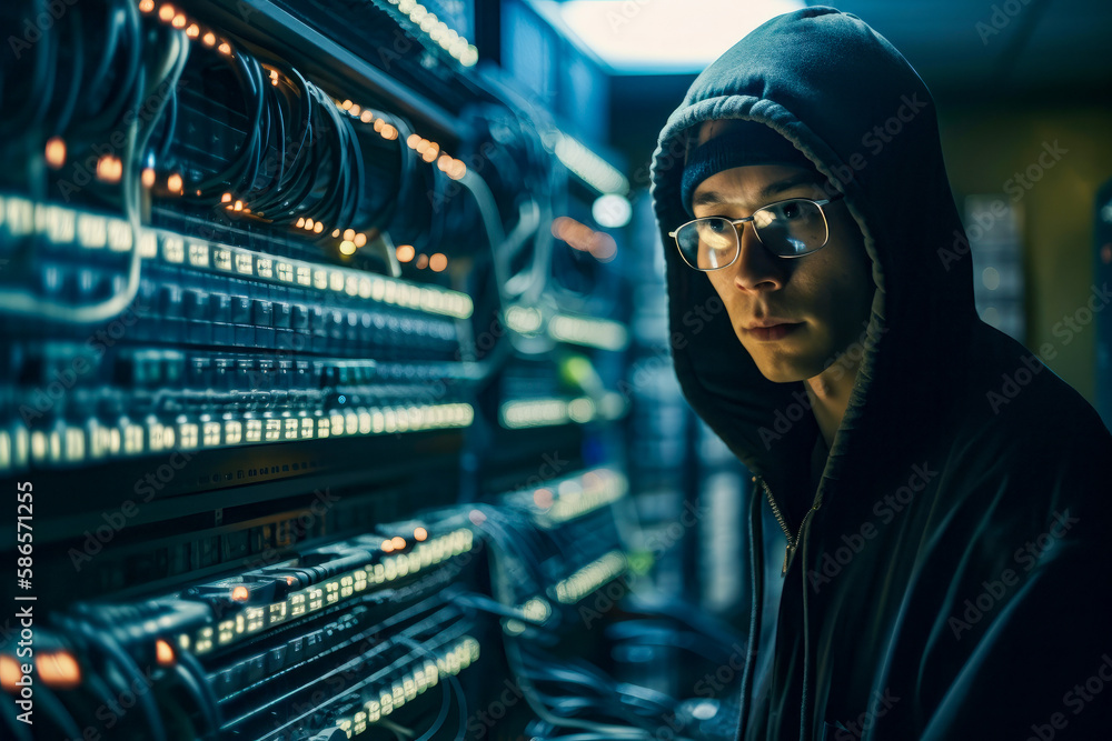 Hacker hacking SCADA system hooded Asian hacker standing in front of plant control board. Cyber ...