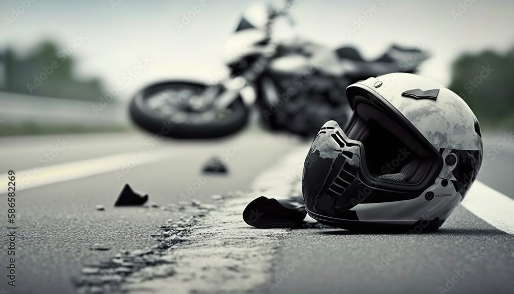 Motorcycle crash road accident with broken motorbike and helmet. City ...