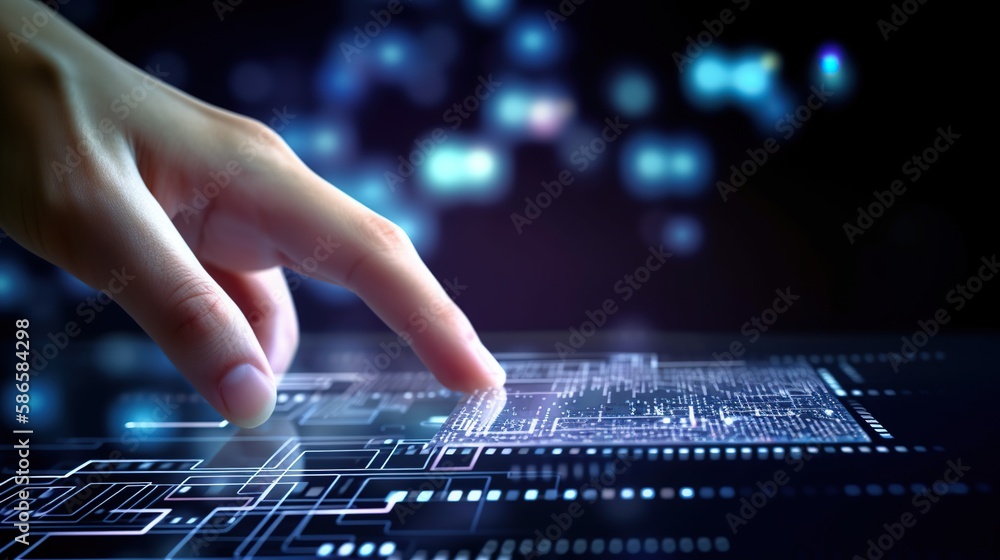 Illustration of finger touching panel with digital buttons on screen ...