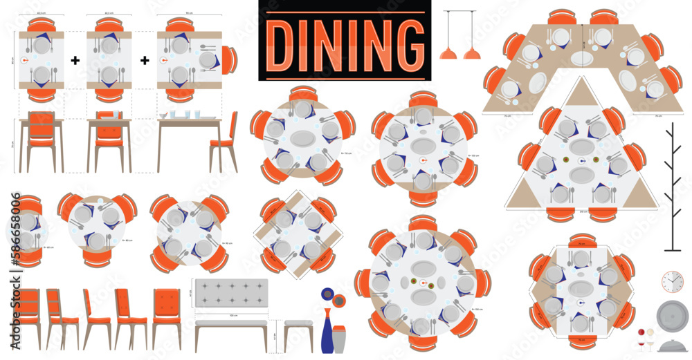 Dining Tables in Different Shapes and Sizes in Scale. Plan and ...