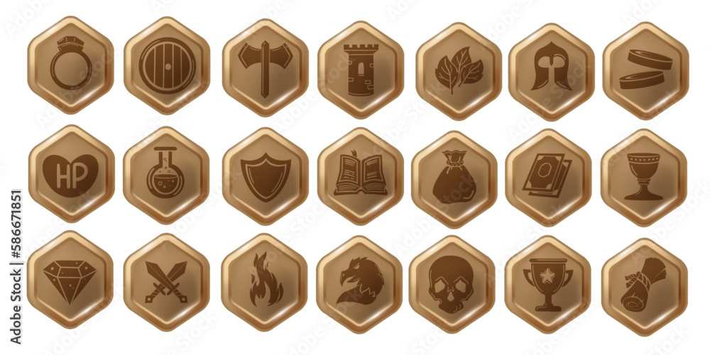 Стоковое векторное изображение «RPG game icon set, hexagon UI badge kit ...