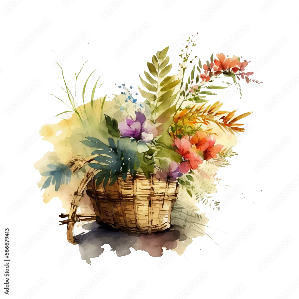 Vector de Stock Watercolor Flowers Clipart vector, Easter Basket Png ...