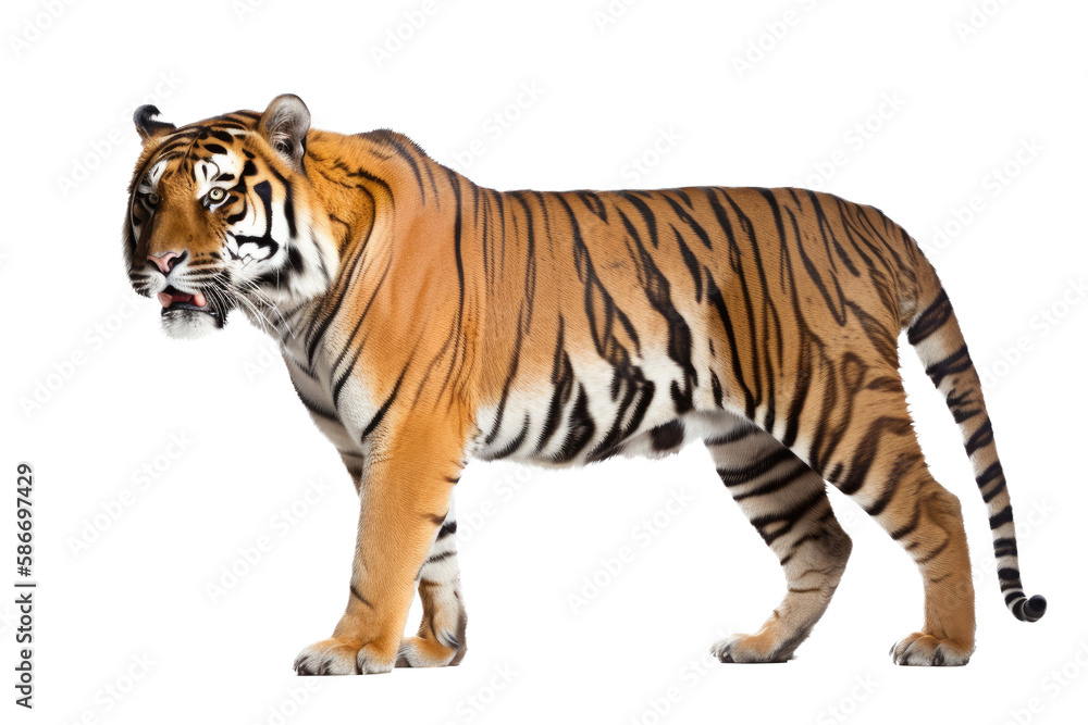 an isolated Bengal tiger walking side view, majestic, stalking prey ...