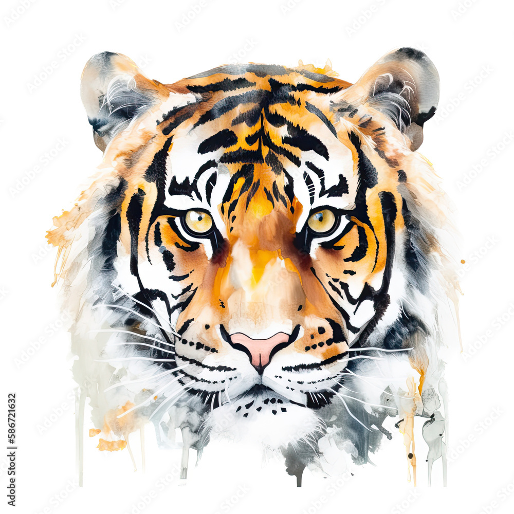 an isolated Bengal tiger face portrait, face, stalking prey, fierce ...