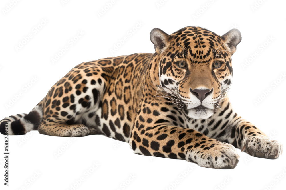 an isolated jaguar side-view, laying down, reclining, horizontal ...