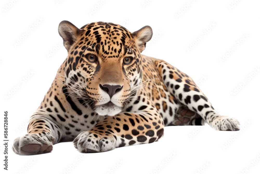 an isolated jaguar side-view, laying down, reclining, horizontal, fierce jungle-themed ...
