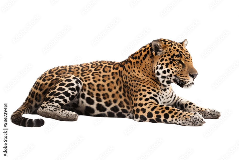 an isolated jaguar side-view, laying down, reclining, horizontal ...