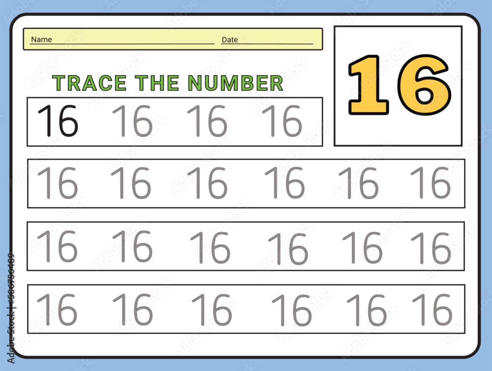 Numbers 16 tracing practice worksheet. Learning Number activity page ...