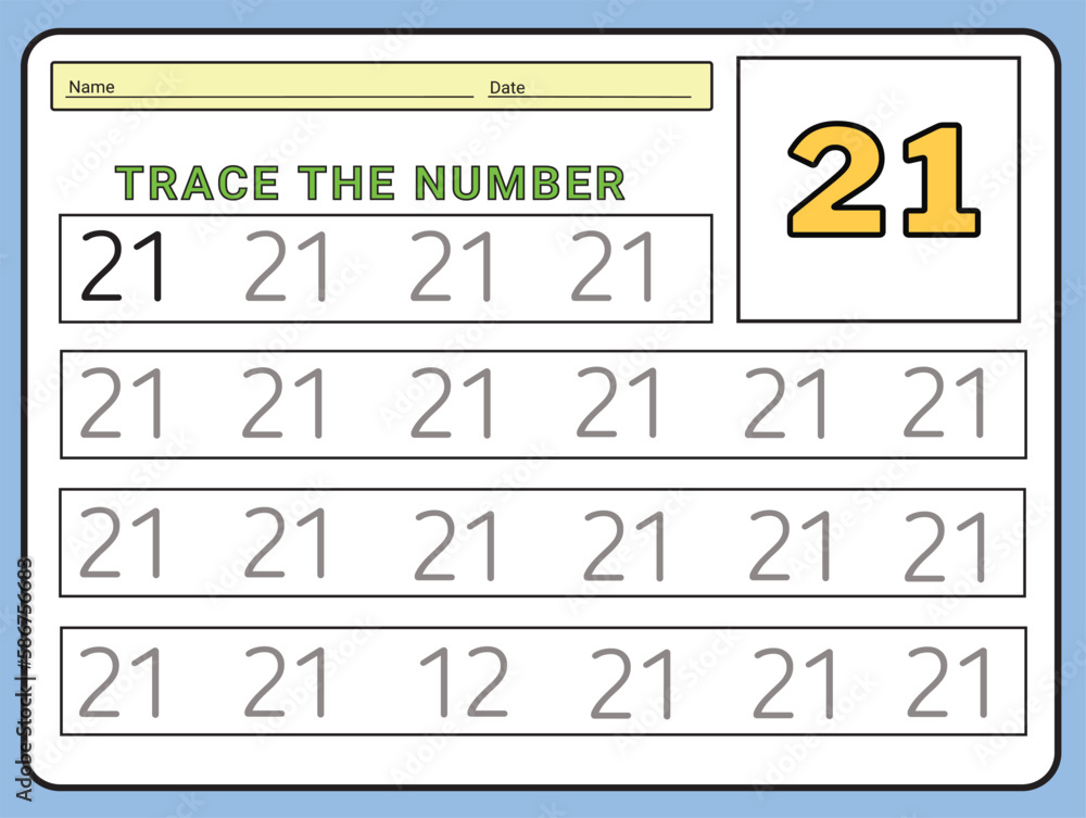 Numbers 21 tracing practice worksheet. Learning Number activity page ...
