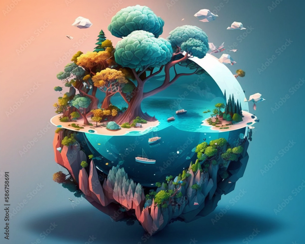 Ai generated illustration of poly sphere terrarium paradise island ...