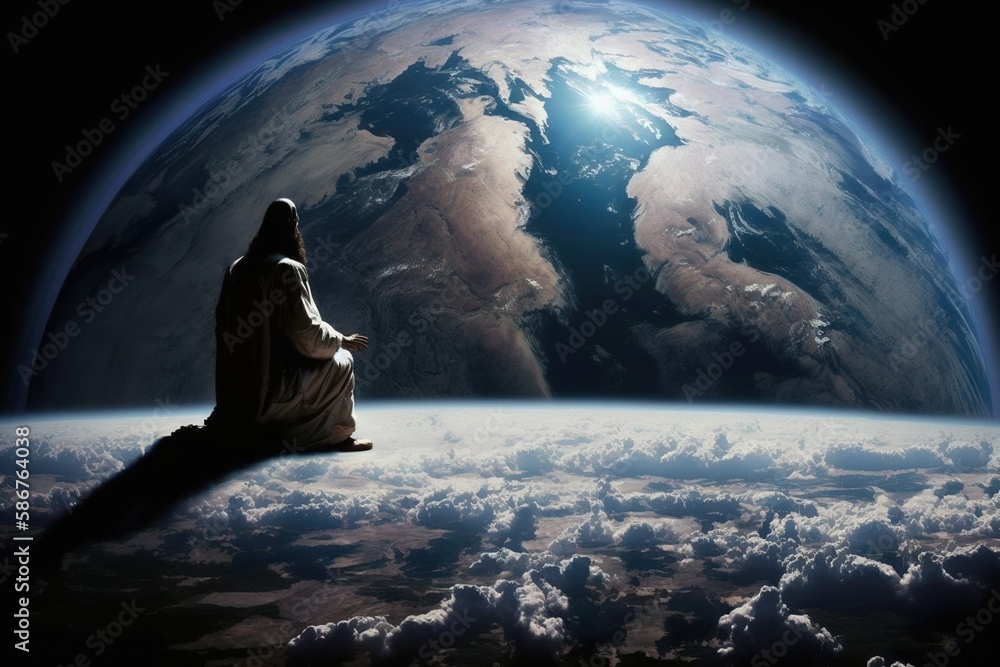 Jesus as the redeemer watching over the earth from space, created with ...