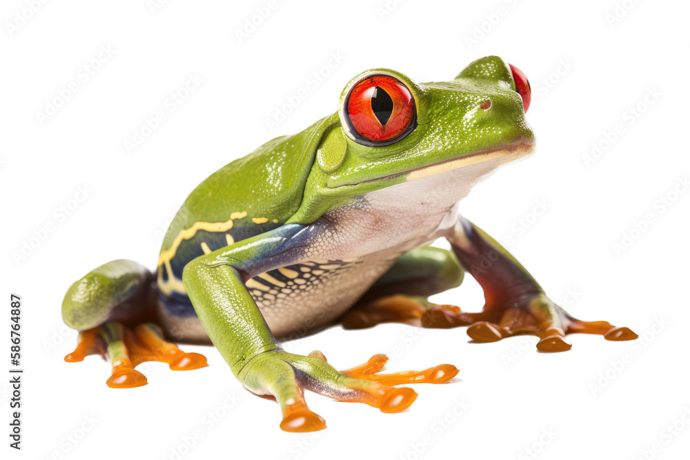 an isolated red-eyed tree frog, side-view portrait, rainforest-themed ...