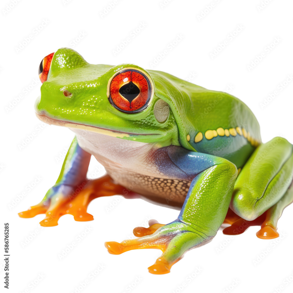 an isolated red-eyed tree frog front view, jungle-themed photographic ...