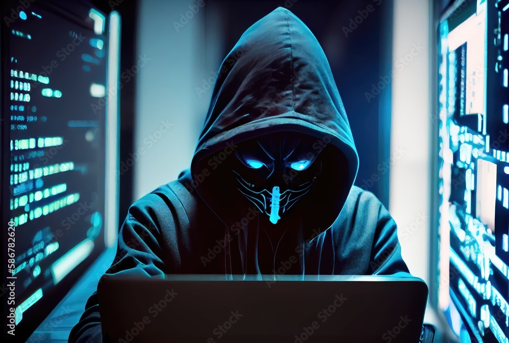 Hacker in the black hood in the server room. Unrecognizable people. Technology and Cybersecurity ...
