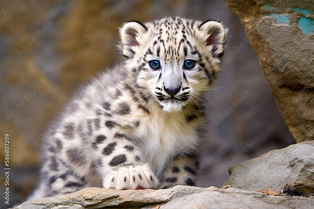 Cute snow leopard cub. Snow leopard baby portrait. digital ai art Stock ...