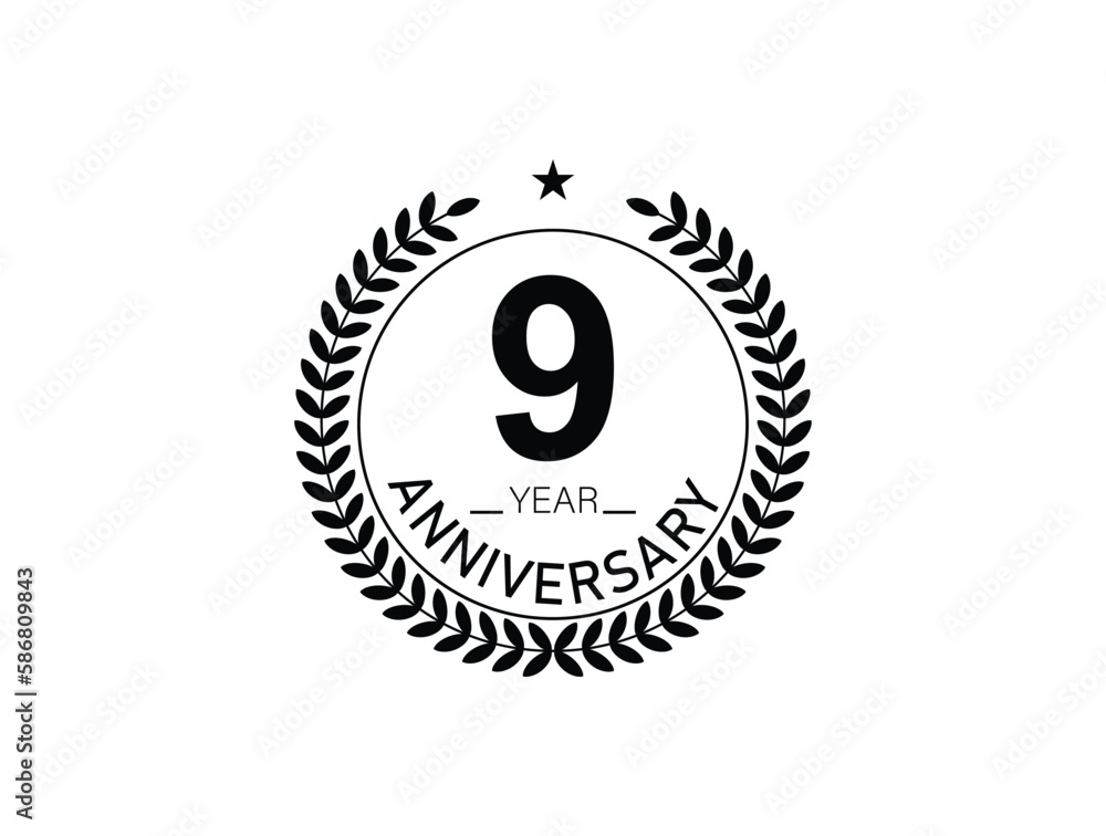 9 years anniversary logo template isolated on white, black and white ...