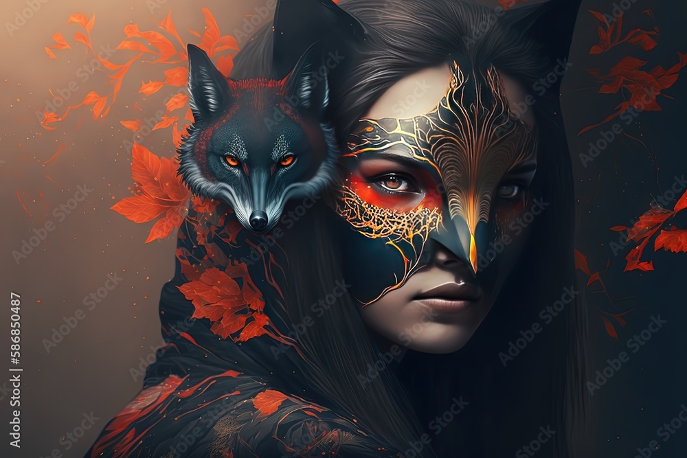 illustration of traditional Asian folklore mythology creature, nine ...