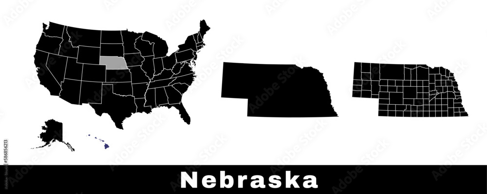 Nebraska state map, USA. Set of Nebraska maps with outline border ...