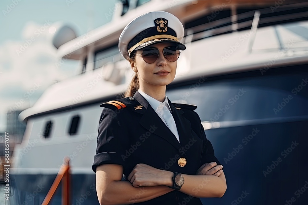 woman captain standing proudly in front of a luxurious yacht ...