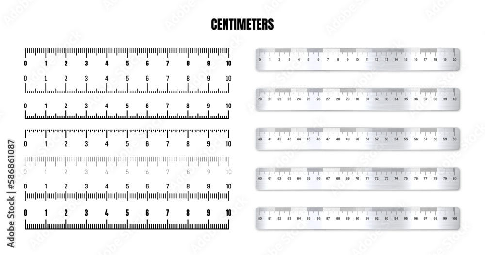 Realistic metal rulers with black centimeter scale for measuring length ...