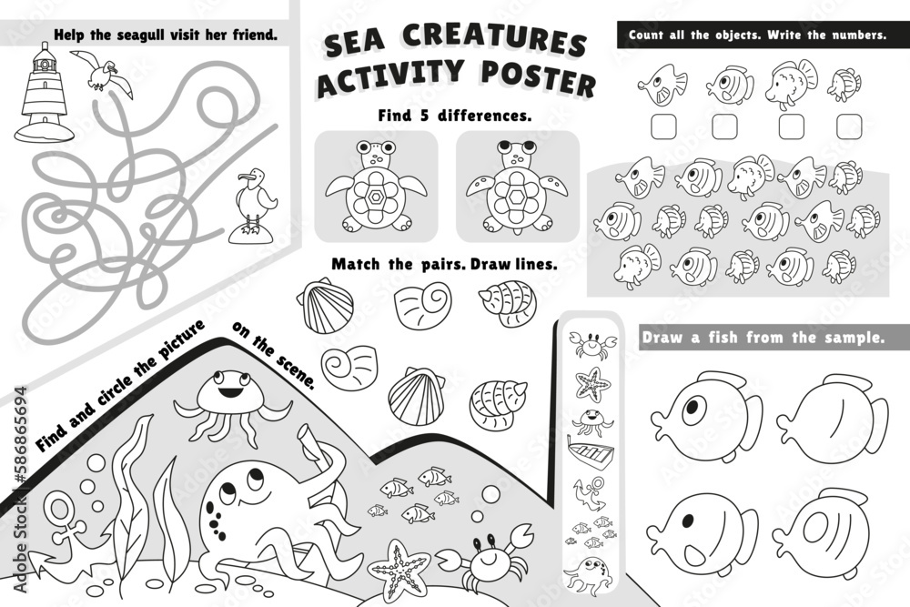 Image vectorielle Stock Sea creature activity poster. Connect pairs ...