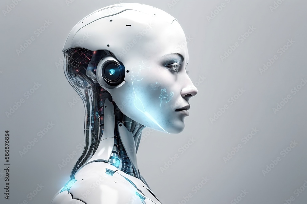 Cyborg woman side view banner. High-tech Ai bot background with copy ...