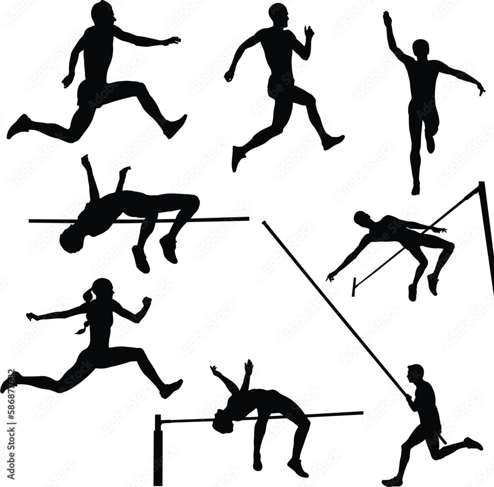 set men and women athletes long jump, high jump, pole vault black ...