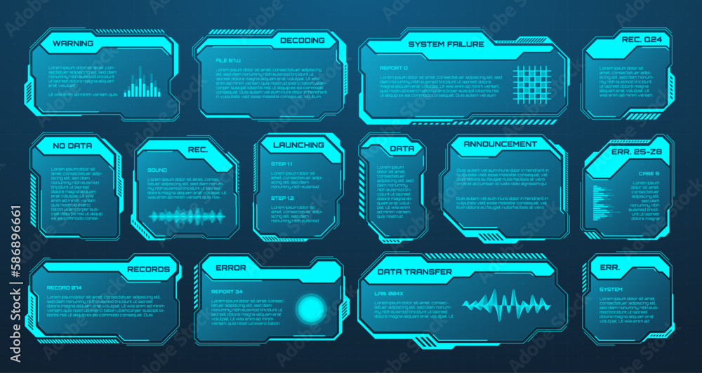 Blue futuristic HUD or UI elements. Sci-fi user interface text boxes, callouts. Warning message ...