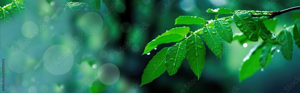 nature spring horizontal banner, fresh green leaf branch under heavy ...