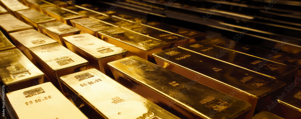 Gold ingots. Stacked gold ingots in light and shadow. Shallow depth of ...
