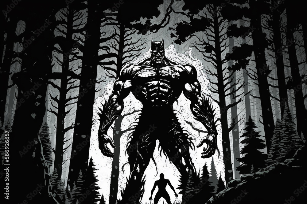 In the midst of a dark and ominous forest, a towering figure looms over ...