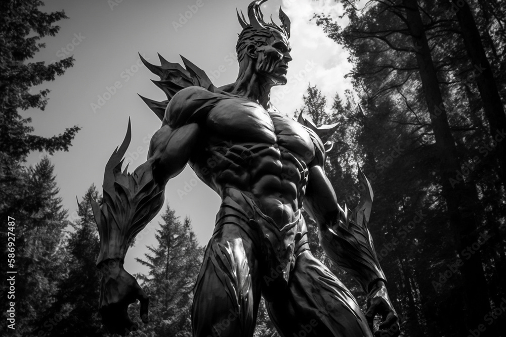 In the midst of a dark and ominous forest, a towering figure looms over ...