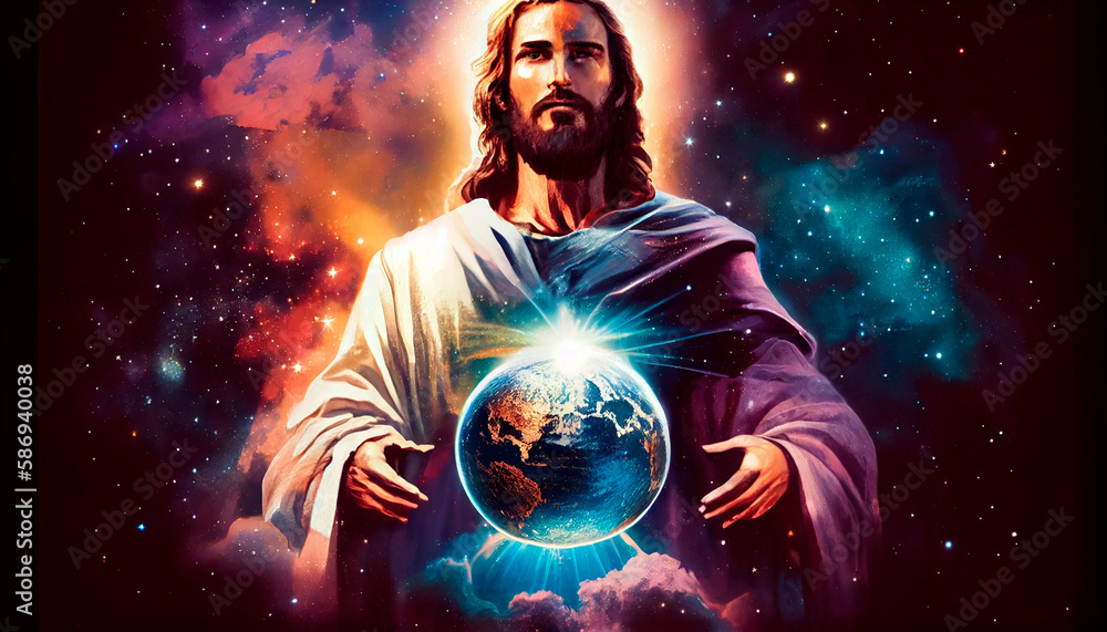 Jesus holds our planet earth Stock Illustration | Adobe Stock