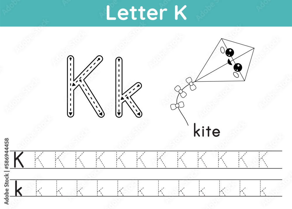 Alphabet ABC, a-z exercise. Coloring page. Trace letter K. Vocabulary ...