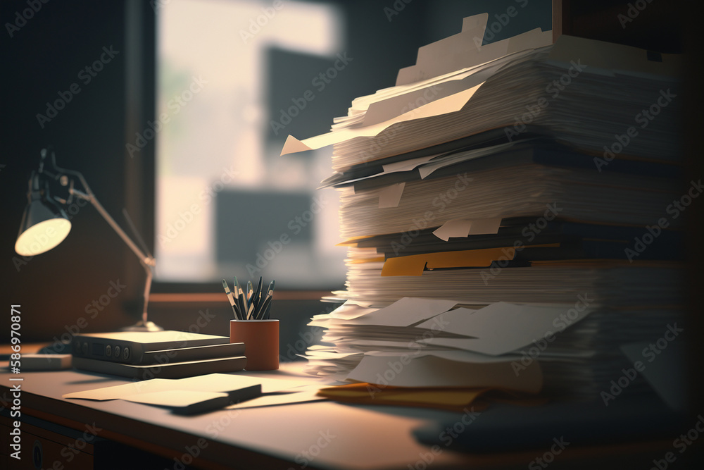 Stack of report papers lies on a desk ready for review. Pile of ...