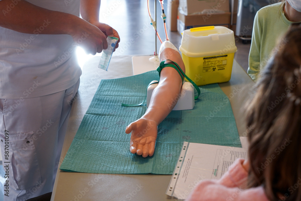 5th year medical students during an IV placement workshop. Students ...