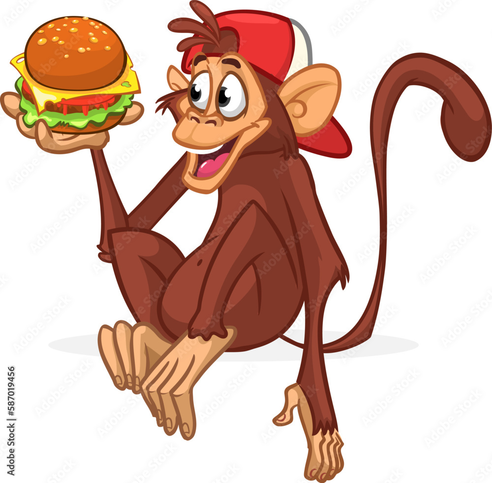 Vector de Stock Cartoon funny monkey chimpanzee holding hamburger of ...