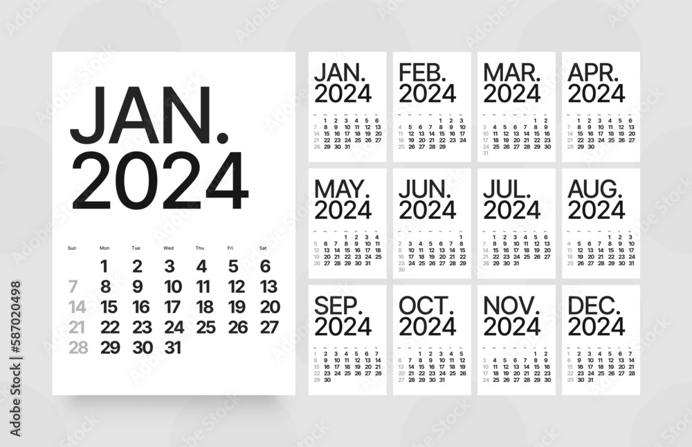 Monthly calendar template for 2024 year. Vertical calendar grid in a ...