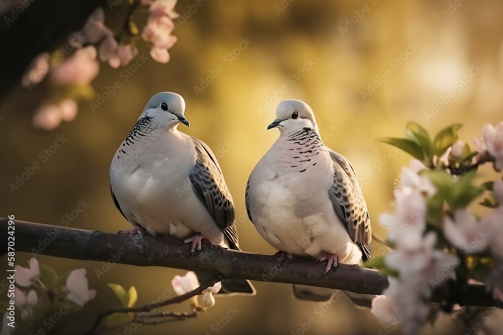 two turtle doves on tree branch with pink flowers Stock Illustration ...