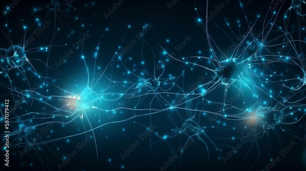Nerve Cell Blue Color Banner System Neuron Of Brain With Synapses Medicine Biology Background