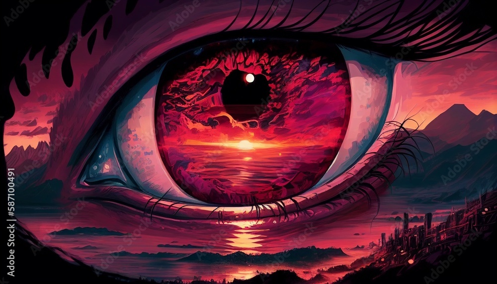 In the eye of a dragon, crimson brownish red iris, epic horizon in ...