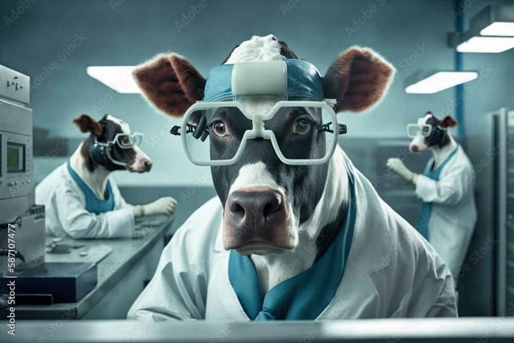 Cows dressed as scientists experiment on humans in a lab, created with ...