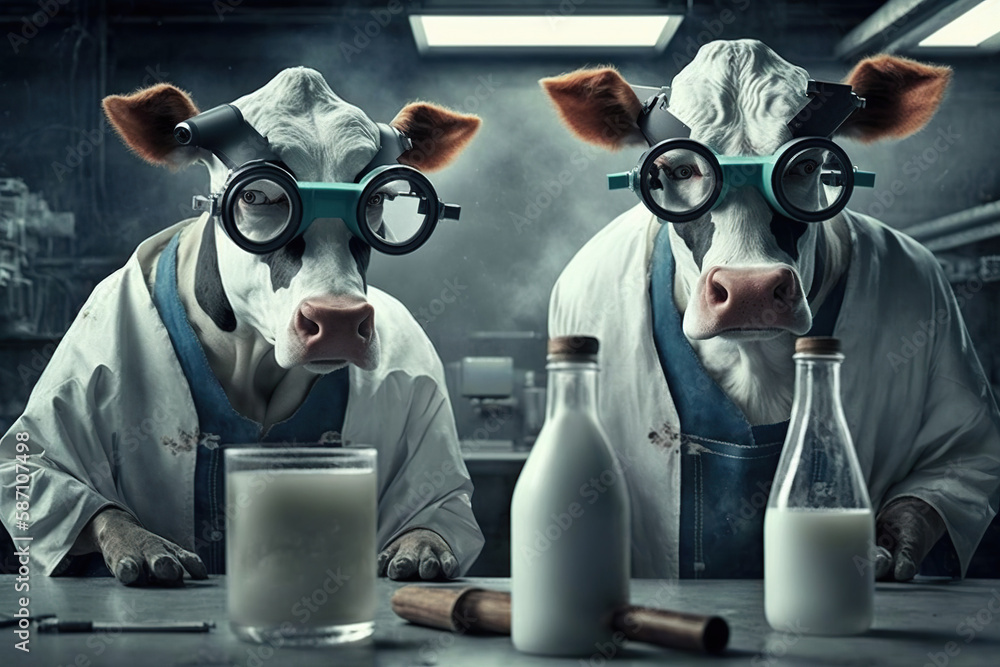 Cows dressed as scientists experiment on humans in a lab, created with ...