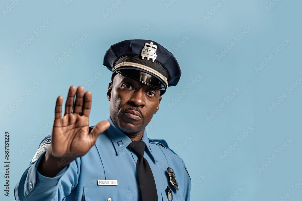 Black police officer signaling to stop with open hand on a light ...